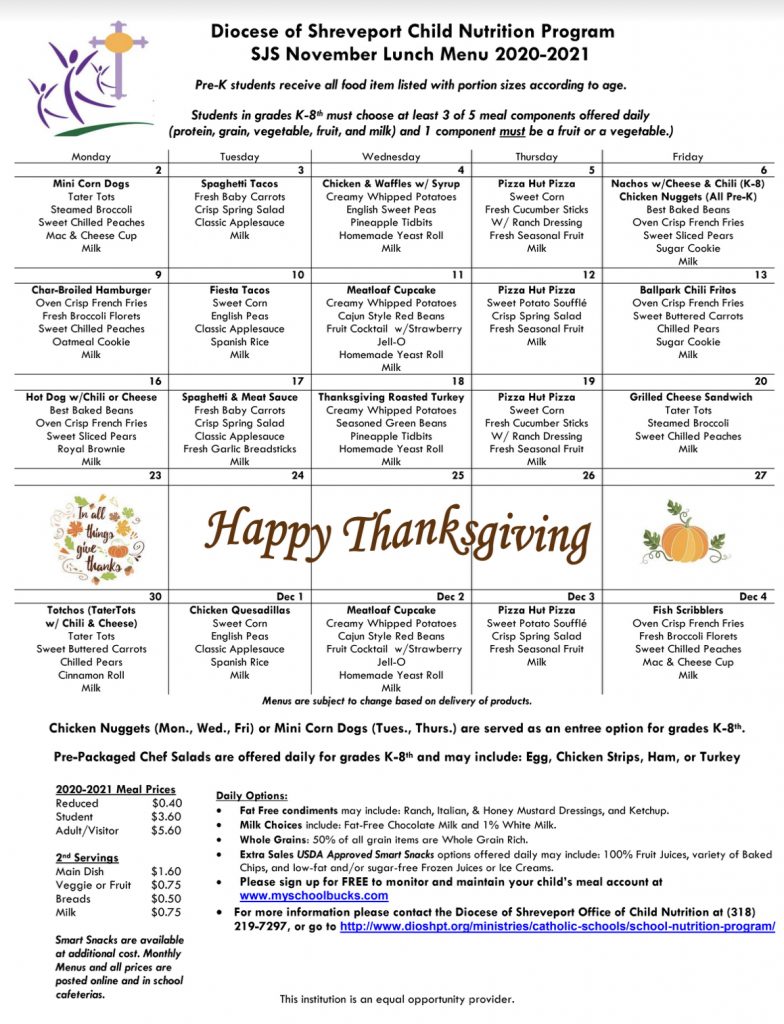 November 2020 Lunch Menu - St. Joseph Catholic School