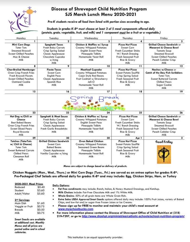 March Lunch Calendar 2021 - St. Joseph Catholic School