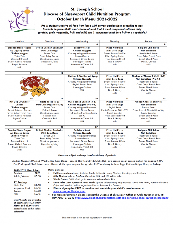 October Lunch Menu 2021 - St. Joseph Catholic School