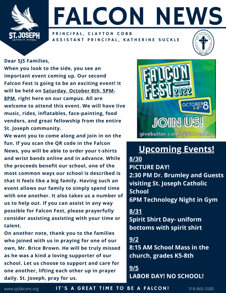 Falcon News, August 29, 2022 - St. Joseph Catholic School