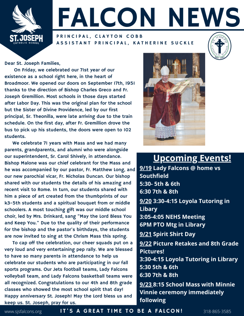 Falcon News, September 19, 2022 - St. Joseph Catholic School