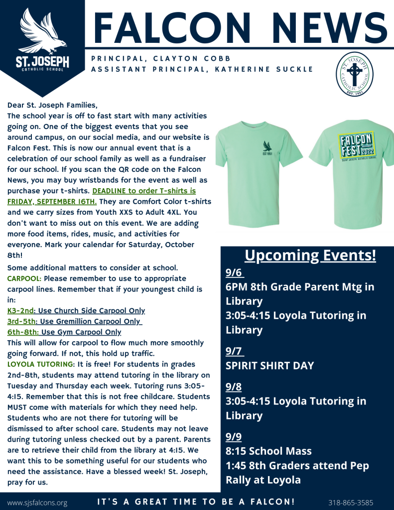 Falcon News, September 6 2022 - St. Joseph Catholic School