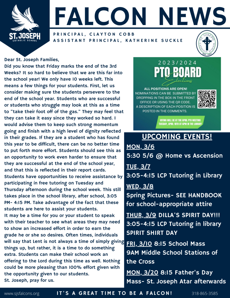 Falcon News, March 6, 2023 - St. Joseph Catholic School