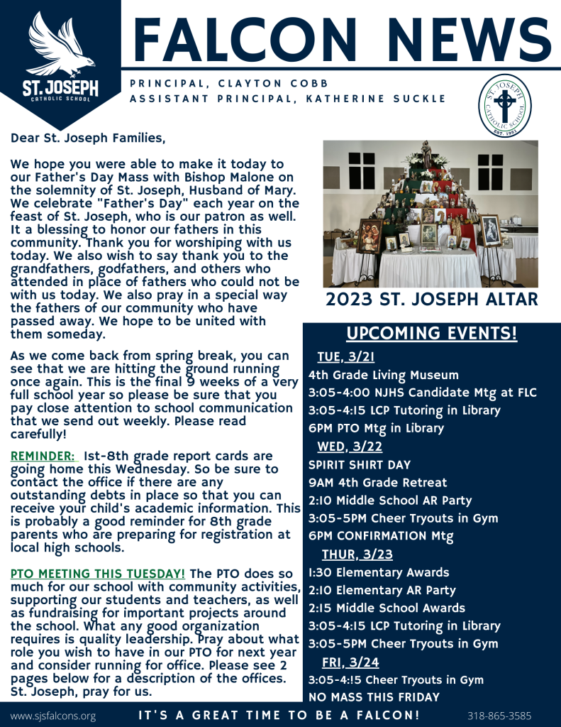 Falcon News, March 20, 2023 - St. Joseph Catholic School