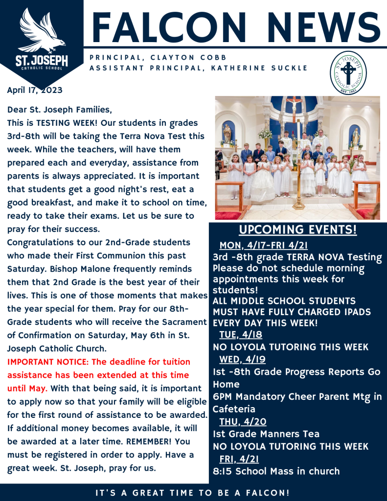 Falcon News. April 17, 2023 - St. Joseph Catholic School