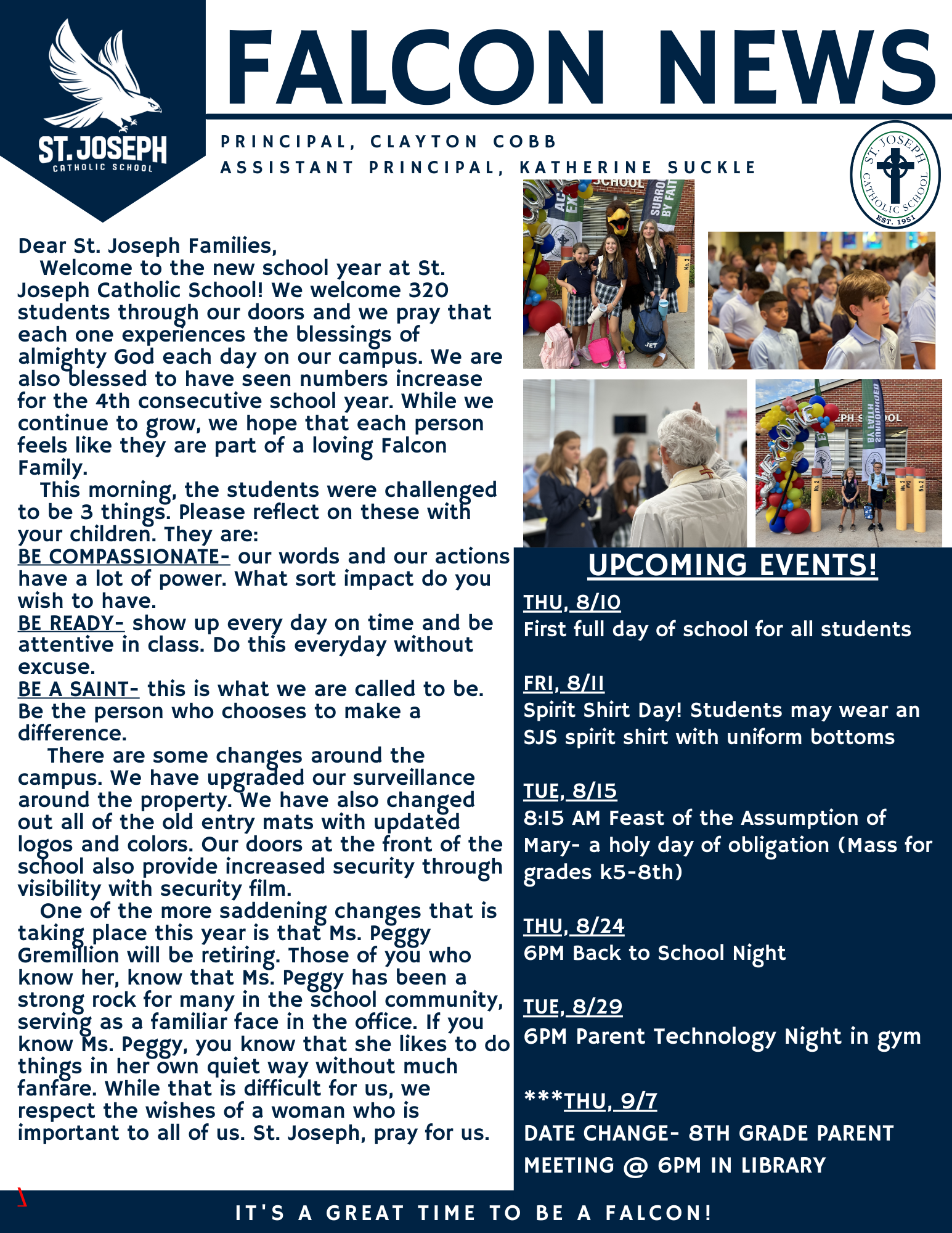 Falcon News, August 9, 2023 WELCOME BACK! - St. Joseph Catholic School