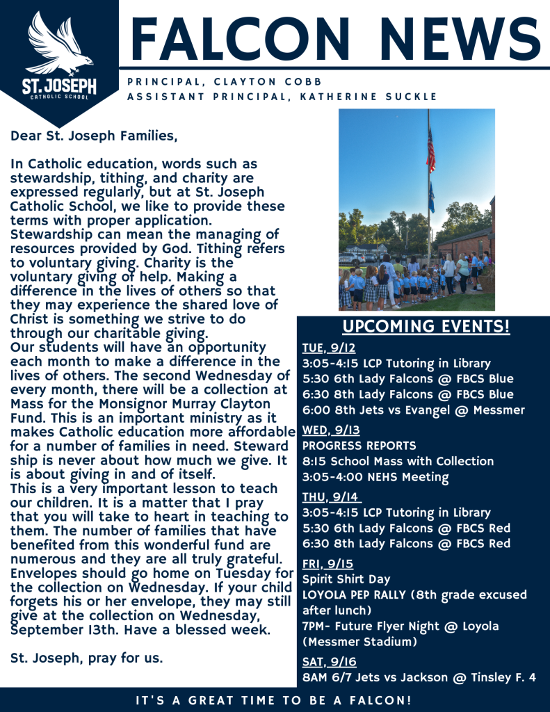 Falcon News, September 11, 2023 - St. Joseph Catholic School