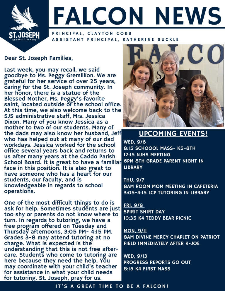 Falcon News, September 5, 2023 - St. Joseph Catholic School