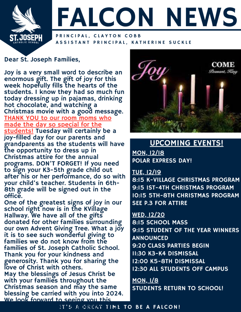 Falcon News, December 18, 2023 - St. Joseph Catholic School