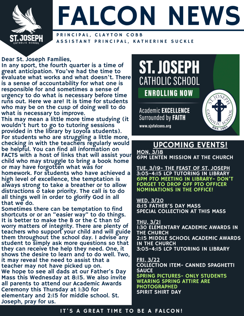 Falcon News, March 18, 2024 - St. Joseph Catholic School