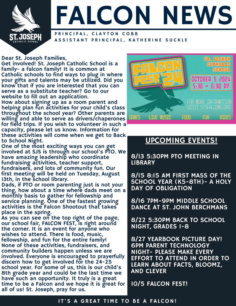 Falcon News, August 12, 2024 - St. Joseph Catholic School