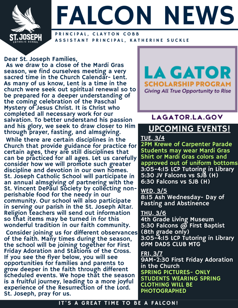 Falcon News, March 3, 2025 - St. Joseph Catholic School